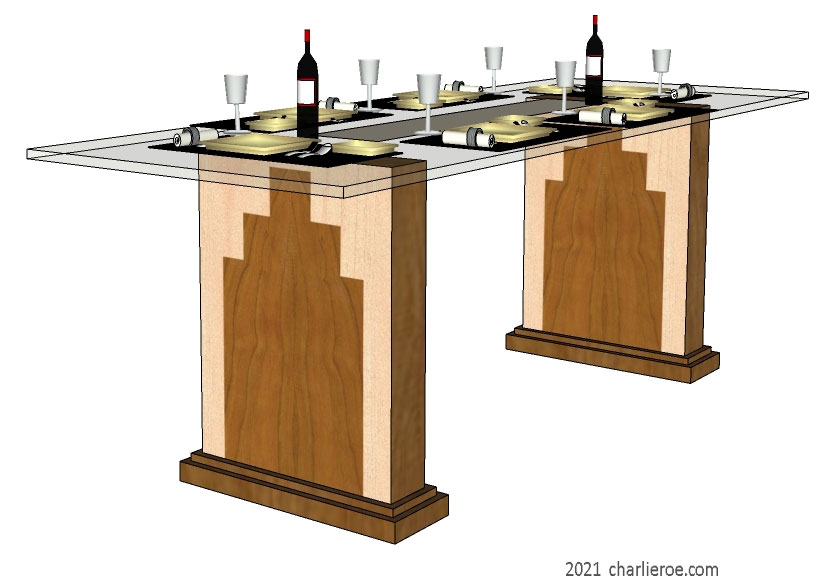 New Art Deco Skyscraper style dining table with glass top and marquetry ...