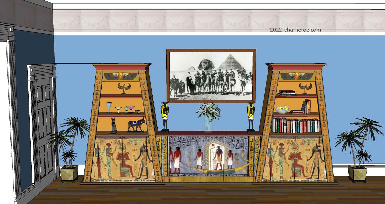 new ancient Egyptian Revival style Pylon shaped hand painted bookcases ...